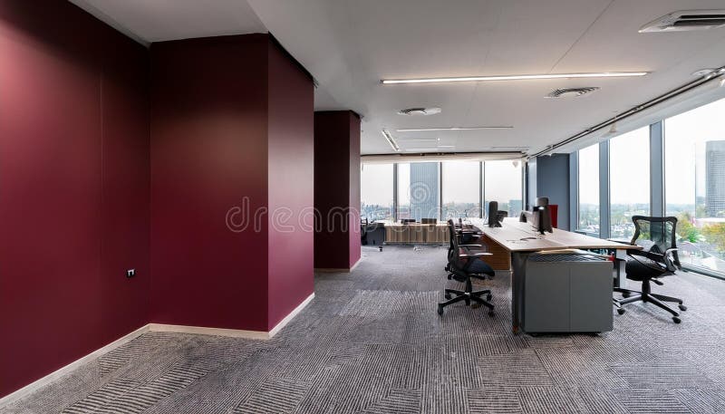 Gray and Maroon Open Space Office Interior with Workspace Near Blank ...