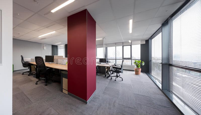 Gray and Maroon Open Space Office Interior with Workspace Near Blank ...