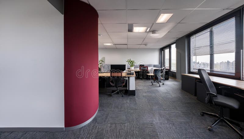 Gray and Maroon Open Space Office Interior with Workspace Near Blank ...