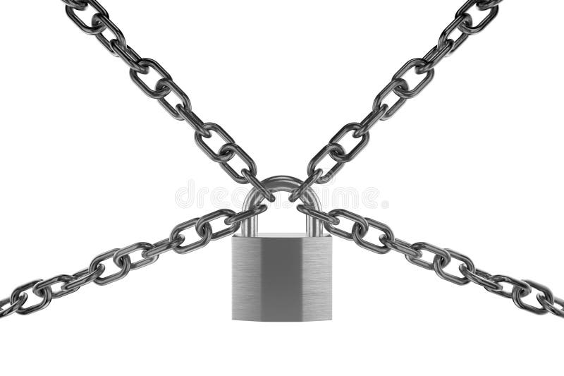 Gray Metal Chain and Gray Metal Padlock. Four Metal Chains Closed with ...