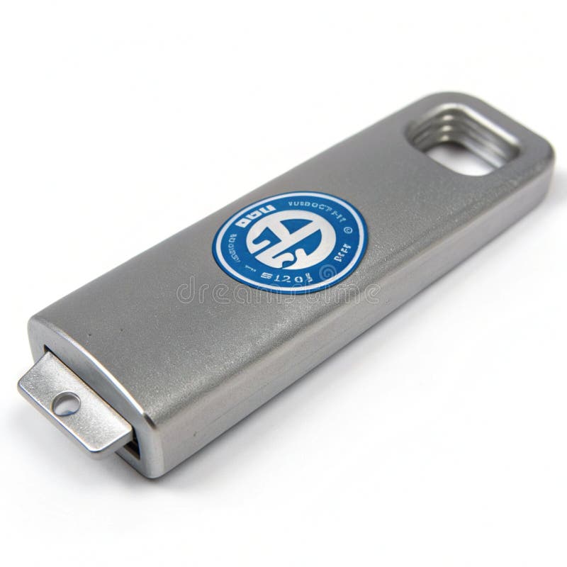 Gray Metal Object with Blue and White Logo Isolated on White Background ...