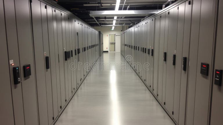 Gray Metal Server Racks in a Long Data Center Corridor Stock ...
