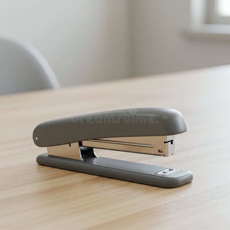 Gray Metal Stapler on a Light Wood Desk. Rectangular Base with a ...