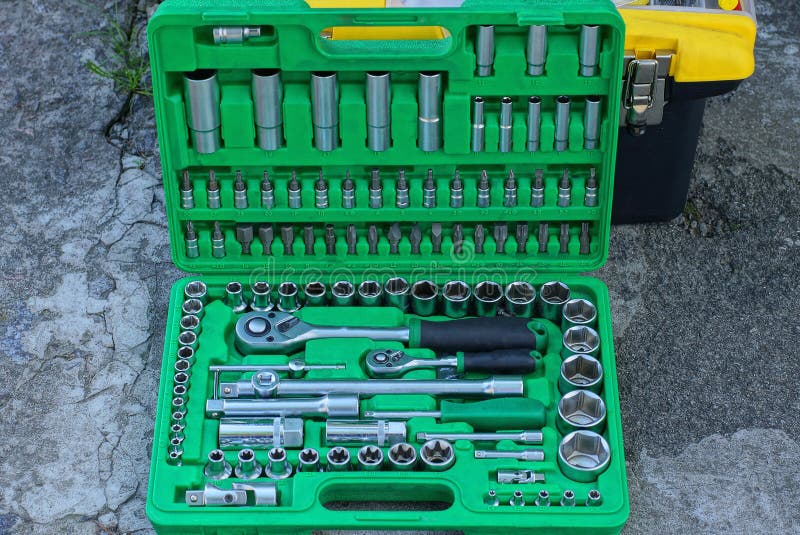 Gray Metal Tools in an Open Plastic Green Box Stock Photo - Image of ...