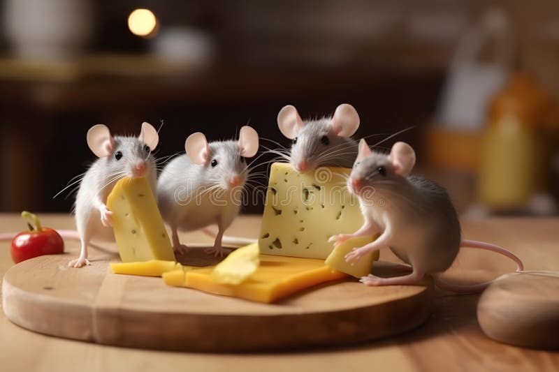 Gray Mice Approach a Piece of Cheese on the Kitchen Table, Generative ...