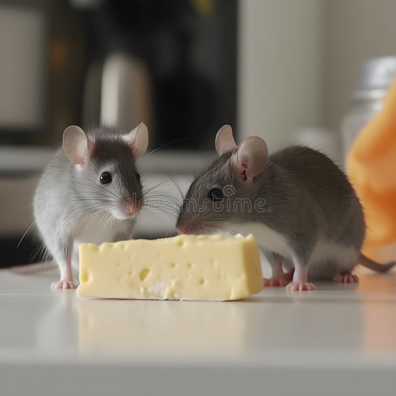 Gray Mice Approach a Piece of Cheese on the Kitchen Table, Generative ...
