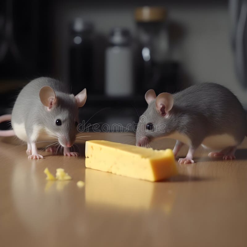 Gray Mice Approach a Piece of Cheese on the Kitchen Table, Generative ...
