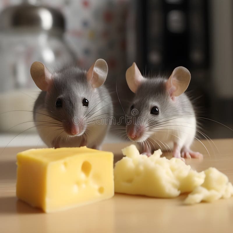 Gray Mice Approach a Piece of Cheese on the Kitchen Table, Generative ...