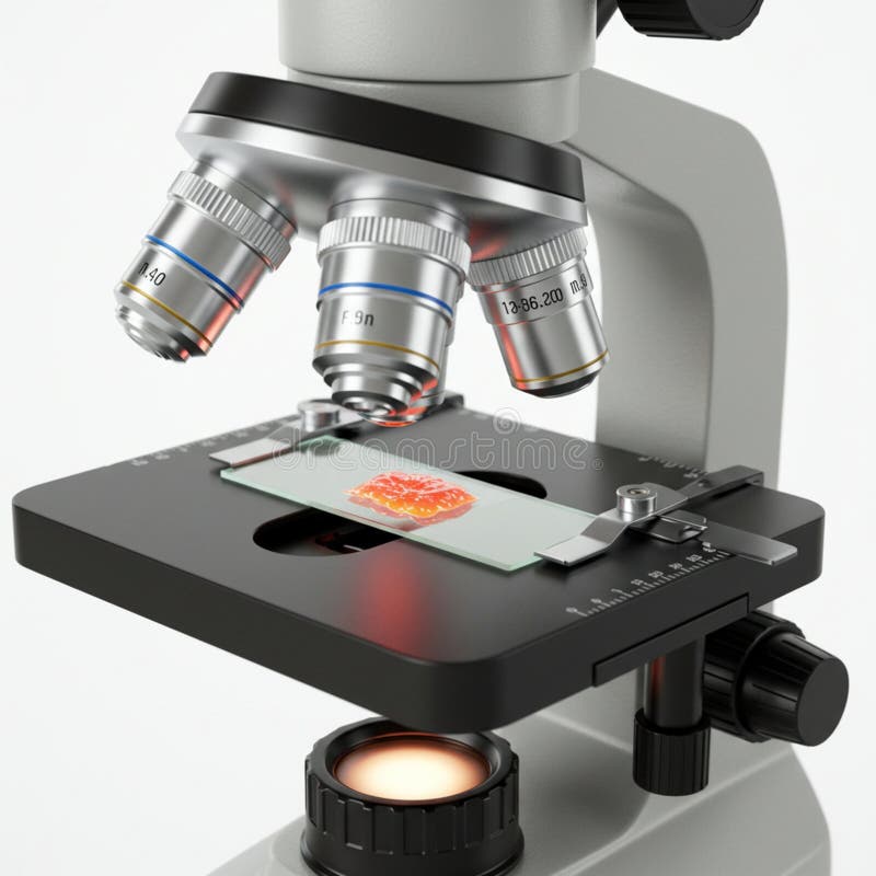 Gray Microscope with a Black Stage, Equipped with Several Objective ...