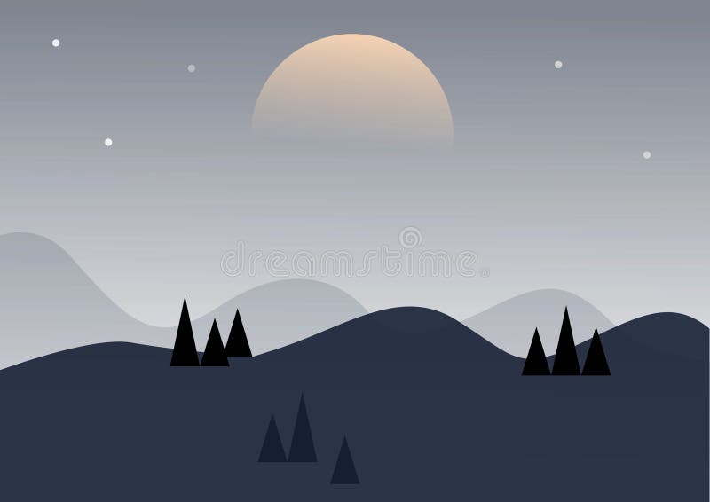 Gray Mountains with Forest Landscape at Night with Moon Vector. Stock ...