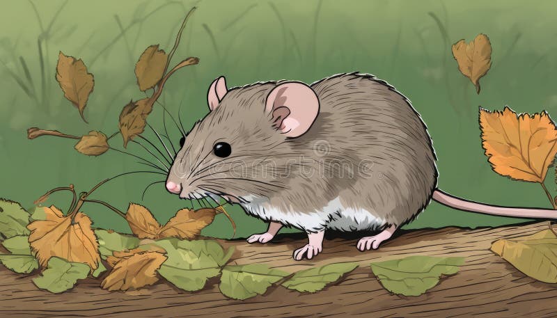 A Gray Mouse on a Leafy Branch Stock Illustration - Illustration of ...