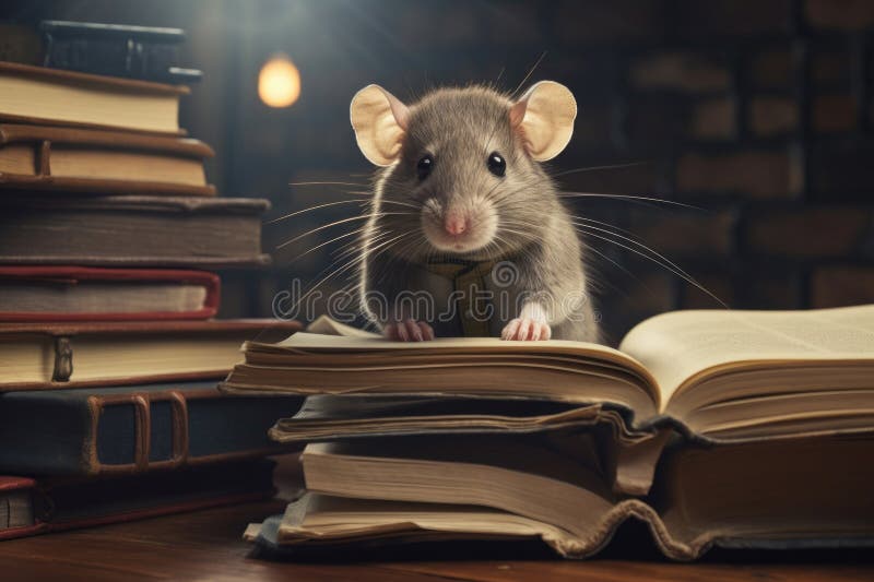 The Gray Mouse is Sitting with Books Stock Illustration - Illustration ...
