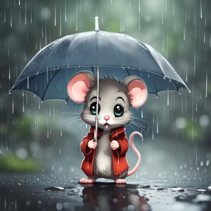 Gray Mouse Under an Umbrella in the Rain Stock Illustration ...