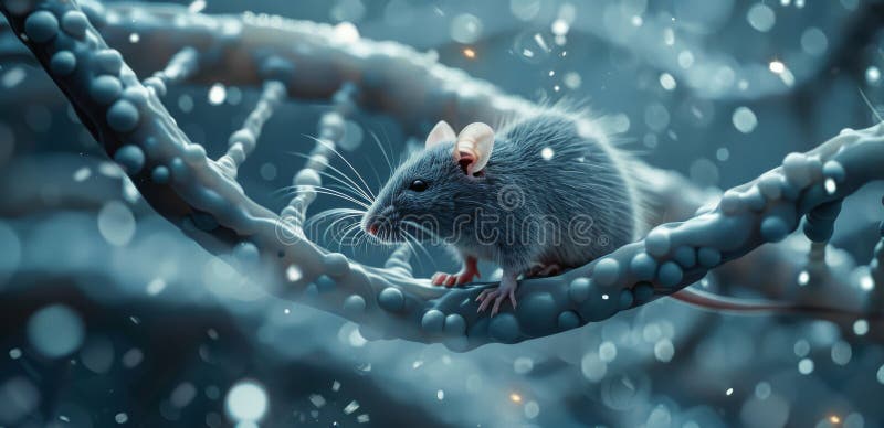 A Gray Mouse Walking Along a Blue, Glowing, DNA Structure Stock Image ...