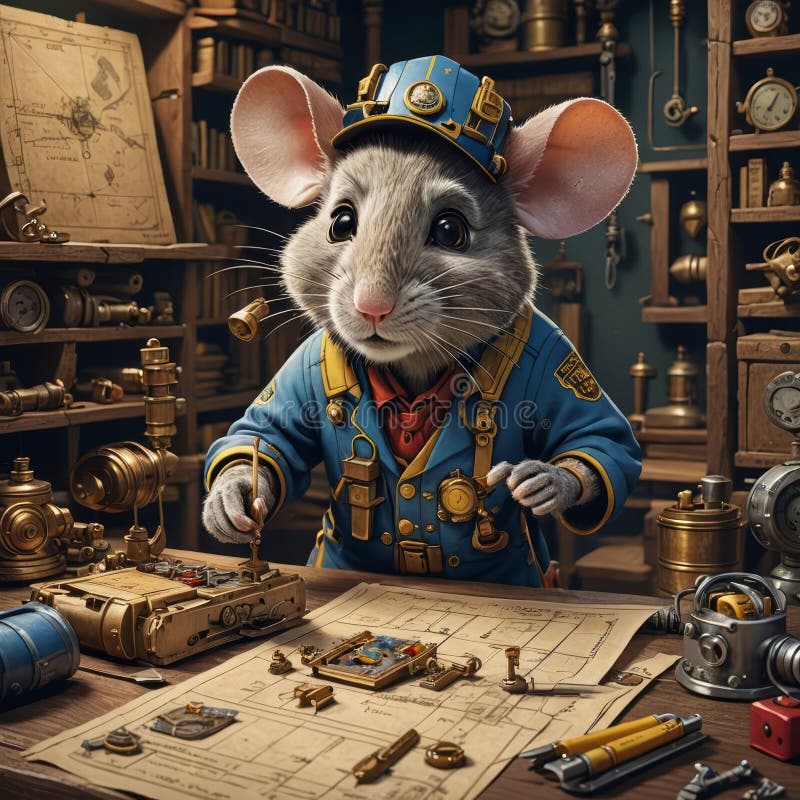 A Mouse Engineer Works on a Steampunk Gadget in a Workshop. Generative ...