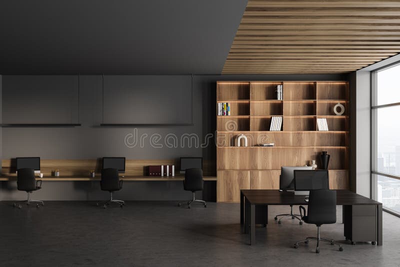 Gray Open Space Office with CEO Table Stock Illustration - Illustration ...