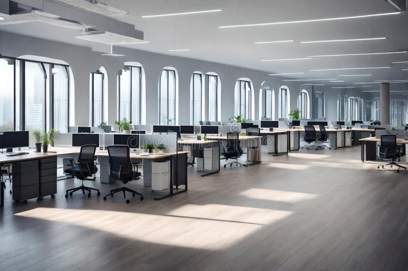 Gray Open Space Office Interior with Arch Like Windows and a Row of ...