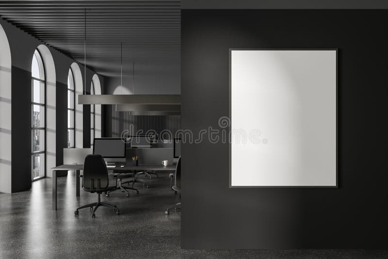 Gray Open Space Office Interior with Arched Windows and Poster Stock ...