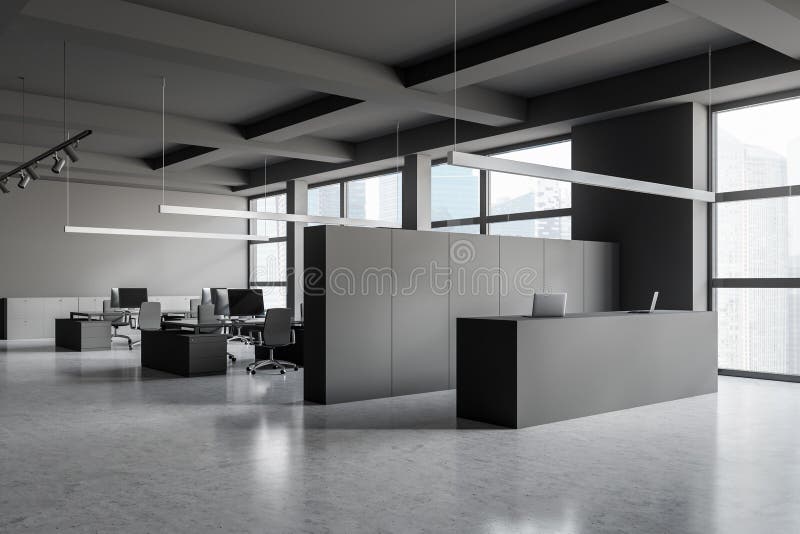 Gray Open Space Office with Reception Stock Illustration - Illustration ...