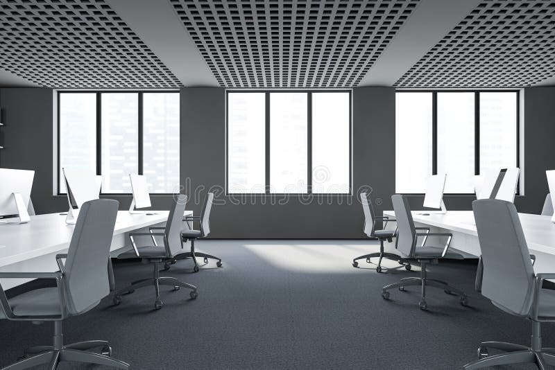 Gray Open Space Office, Side View Stock Illustration - Illustration of ...
