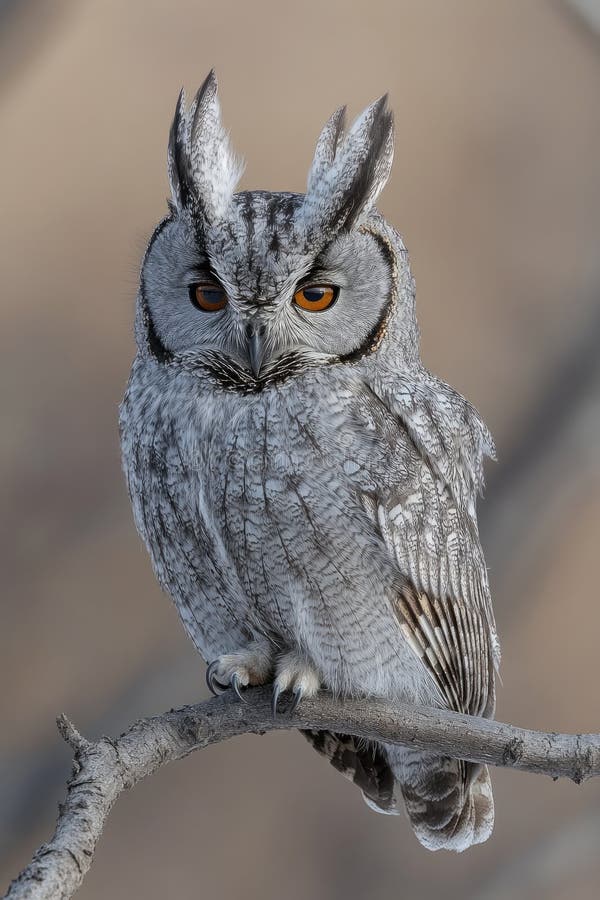 This Gray Owl is Perched on a Branch, Displaying Its Unique Feather ...