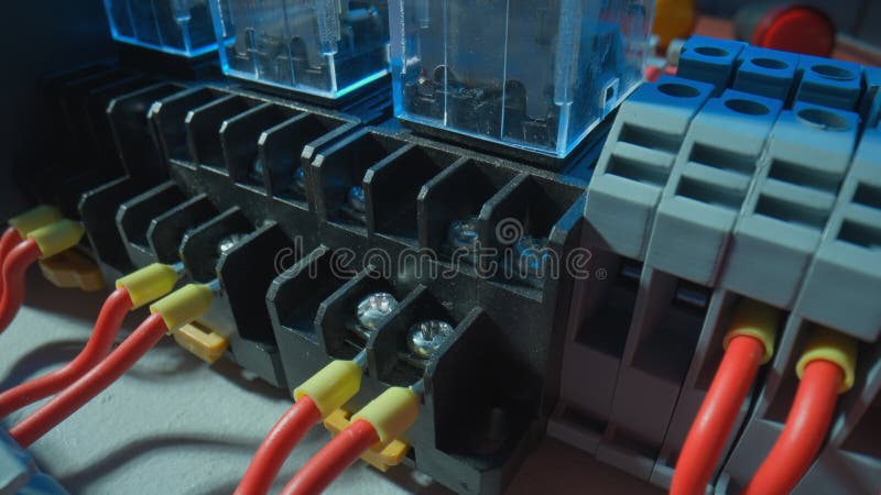 Gray Plastic Electrical Panel with Many Red Wires, Yellow Bushing ...