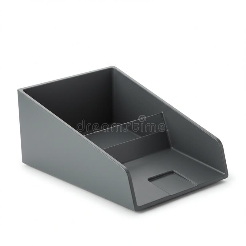 A Gray Plastic Storage Bin with a Slanted Open Front and a Rectangular ...