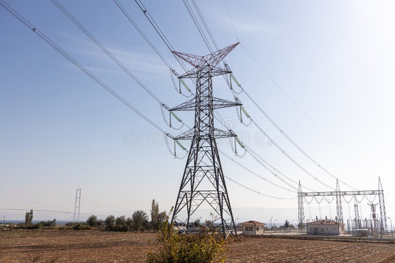 Gray Power Line is on the Blue Sky Background Stock Photo - Image of ...