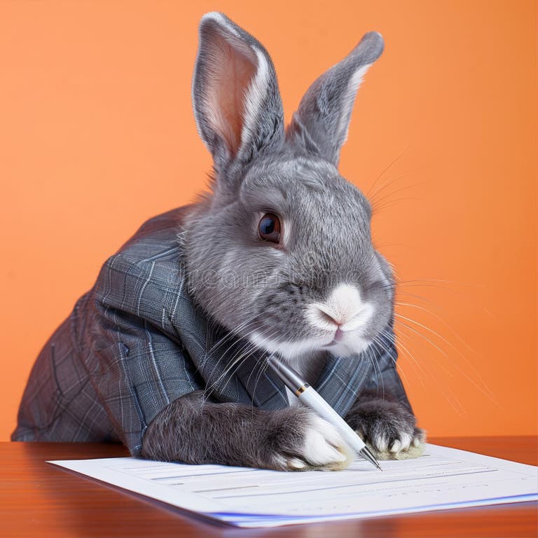 Gray Rabbit Dressed in Suit, Working with Documents, Serious Bunny Boss ...