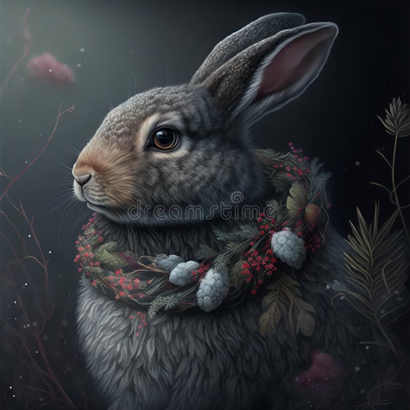 A Gray Rabbit with Fluffy Fur and a Wreath Around Its Neck and Plants ...