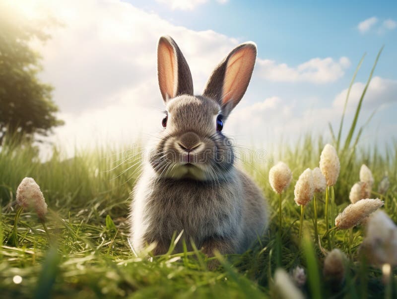 Gray rabbit on grass stock illustration. Illustration of white - 293375097