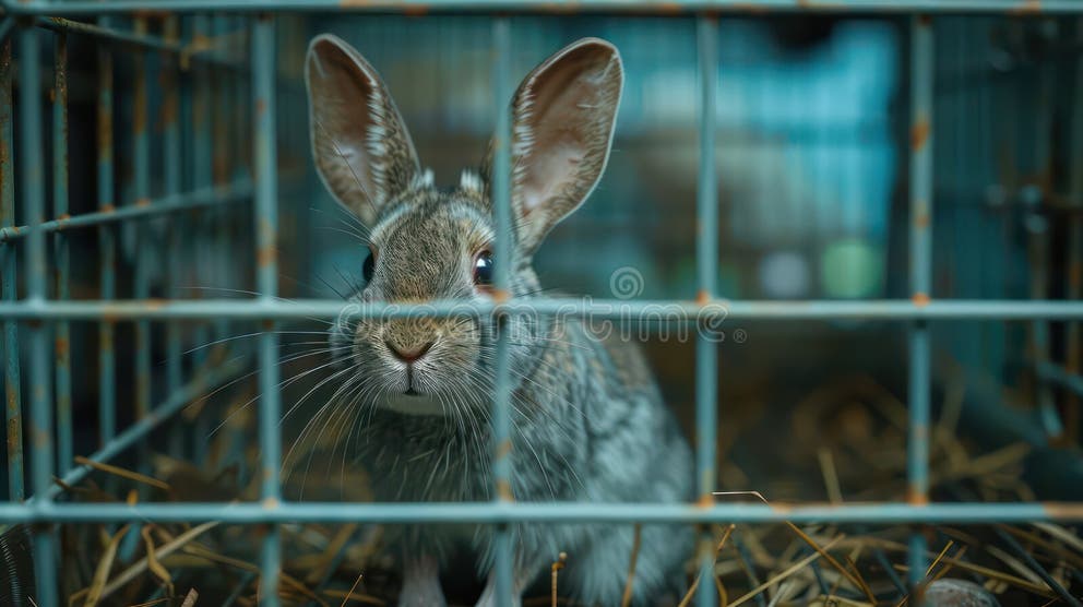 Gray Rabbit in a Laboratory or Farm Cage. Generative AI Stock Image ...