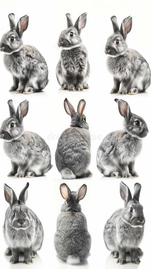 Gray Rabbit in Multiple Poses Isolated on White Background Stock Image ...