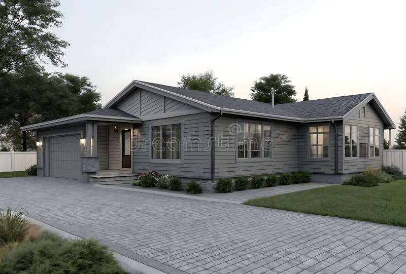 A Gray Ranch Style Model Hedges Around Modern House Stock Illustration ...