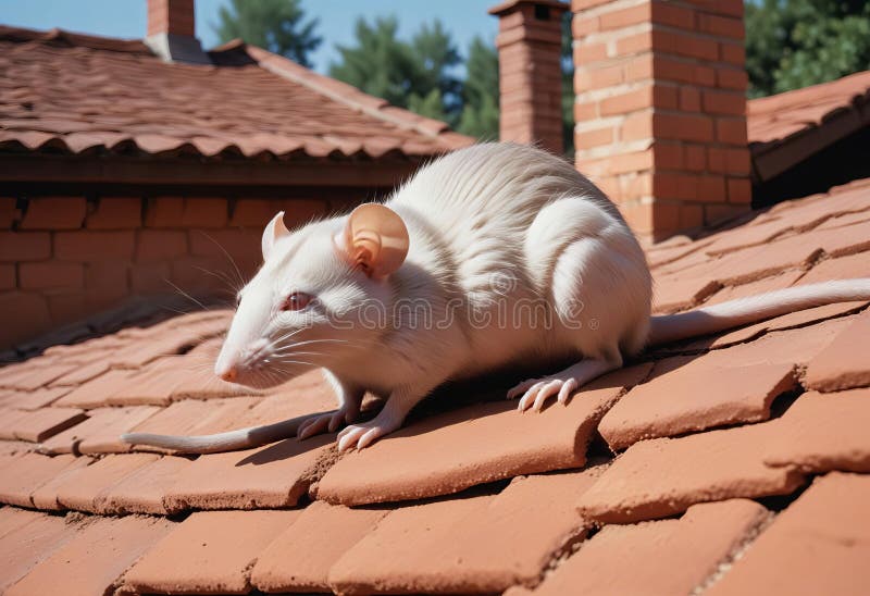 A Gray Rat with a Long Tail Sitting on a Roof Tile, with a Chimney in ...