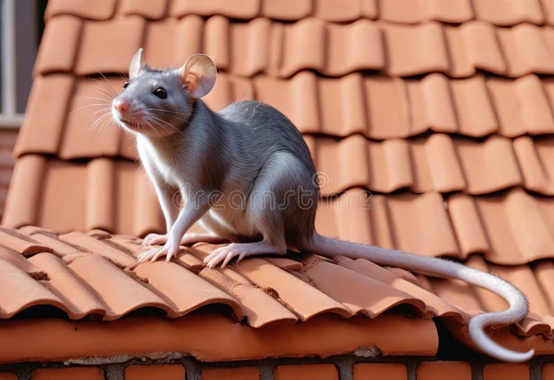 A Gray Rat with a Long Tail Sitting on a Roof Tile, with a Chimney in ...