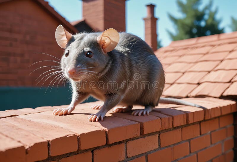 A Gray Rat with a Long Tail Sitting on a Roof Tile, with a Chimney in ...