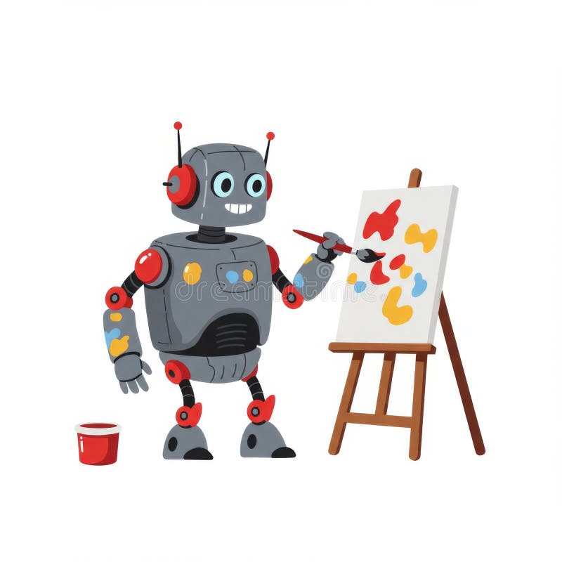 Gray Robot Painting on Easel Stock Illustration - Illustration of robot ...