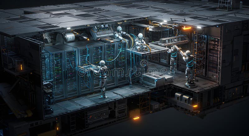 Gray Robot Team Working on Server Racks with Blue Cables in Futuristic ...