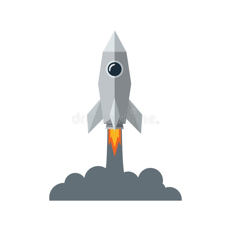 Gray Rocket Ship Launching with Orange Flame and Smoke Clouds in Flat ...