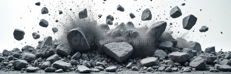 Gray Rocks Shattering, Flying in Air. Pile of Rocks Explodes in ...