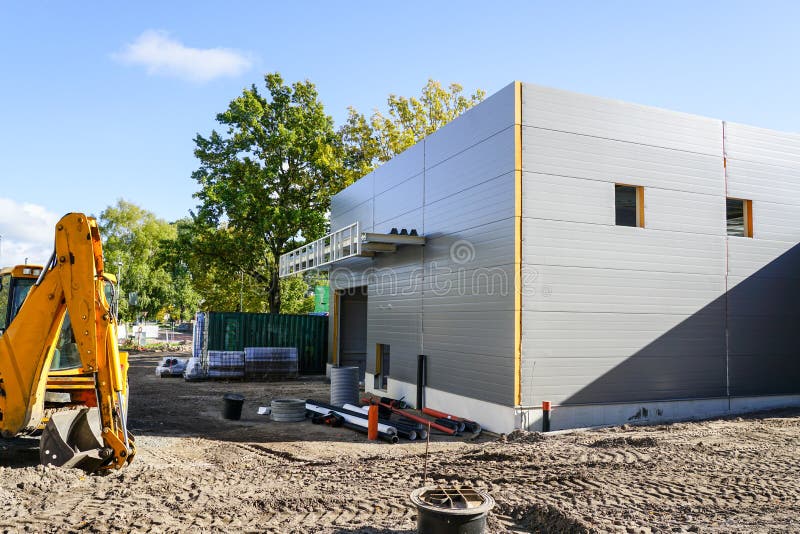 Gray Sandwich Panel Facade of a Unfinished Warehouse Building Stock ...