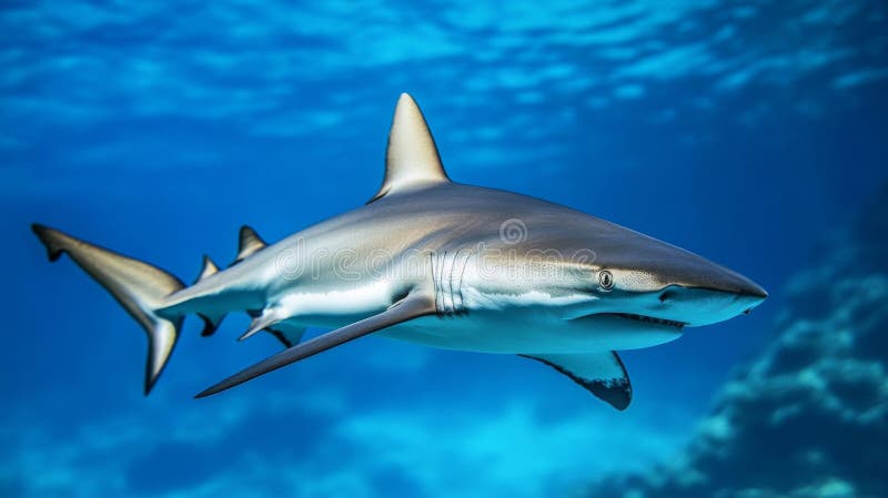 Gray Shark Swimming in Vibrant Blue Ocean Water Stock Illustration ...