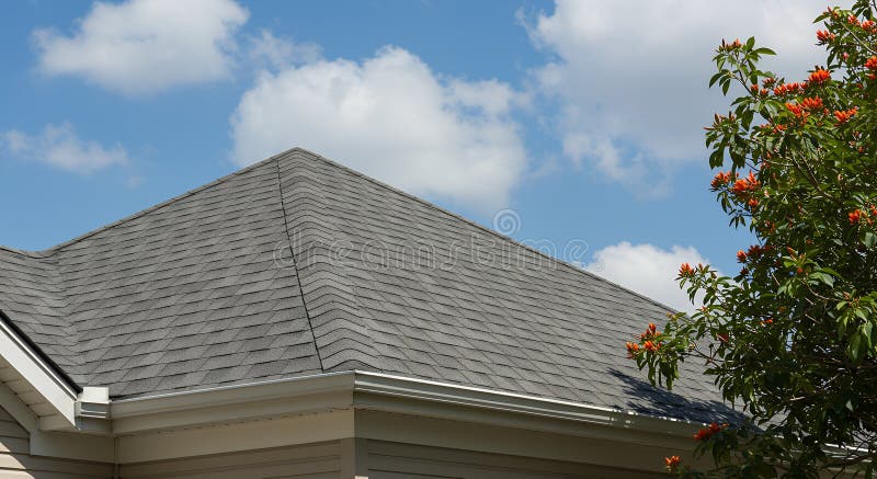 Gray Shingle Roof with Orange Flowers and Blue Sky Backdrop Stock ...