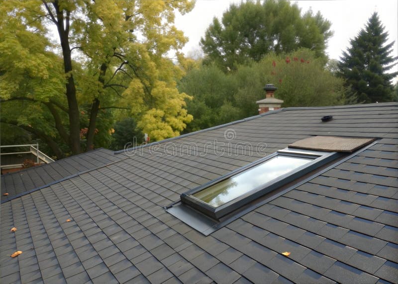 Gray Shingle Roof with Skylight and Autumn Trees Stock Illustration ...