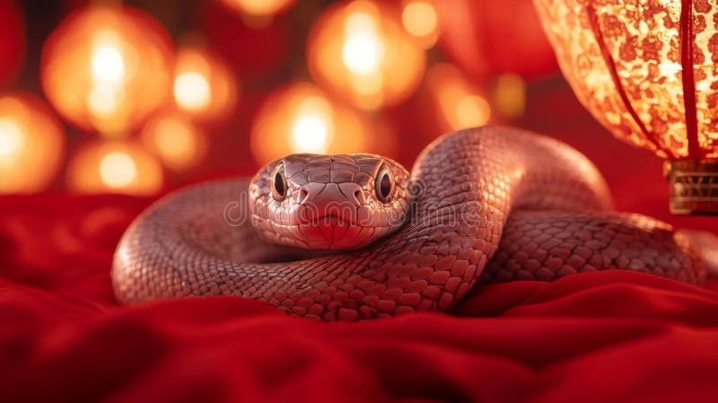 A Gray Snake Coiled on Red Fabric with Lantern Lights Stock ...