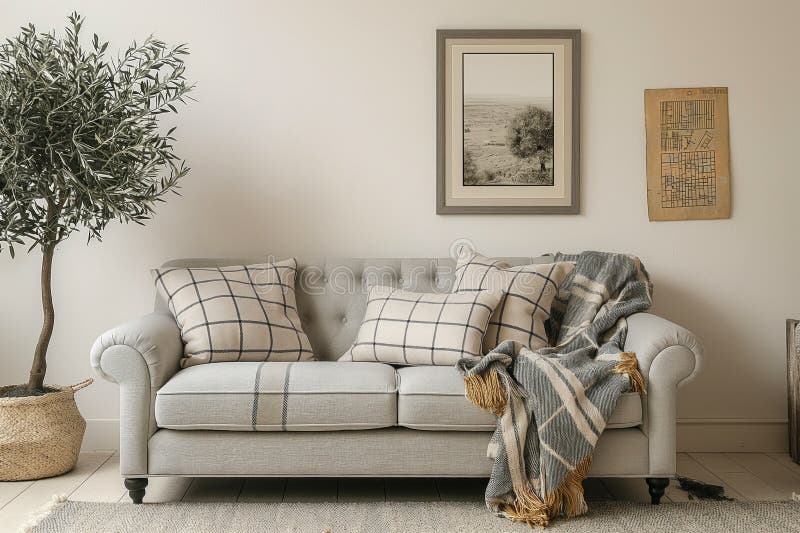 Gray Sofa with Plaid Pattern, Cushion in Living Room Interior. Olive ...