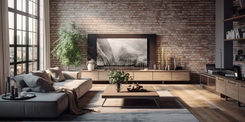 Gray Sofa and Tv Unit in Loft Interior Design of Modern Living Room ...