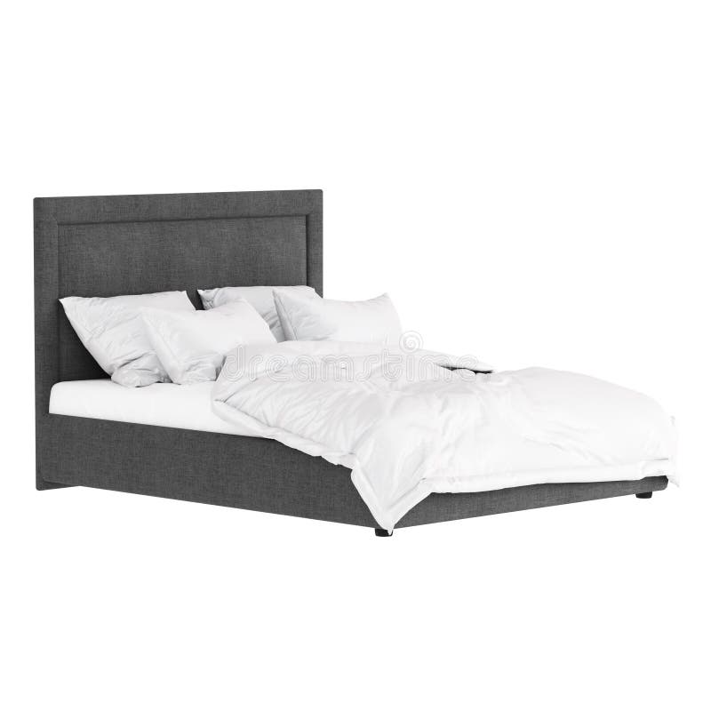 Gray Soft Double Bed with Fabric Upholstery and White Bedding on a ...