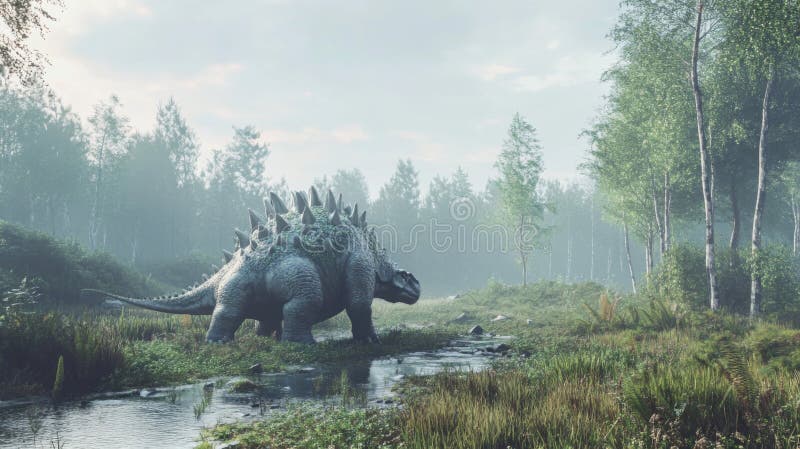 Gray Spiked Dinosaur in Misty Forest Swamp Stock Illustration ...